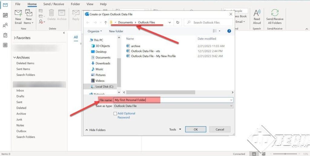 How to create a Personal Folder (.PST) in Microsoft Outlook 2019 - DP ...